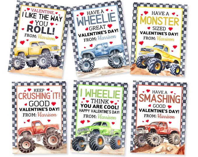 Monster Truck Valentine Cards - Printable - Wheelie - Kids Valentines ...
