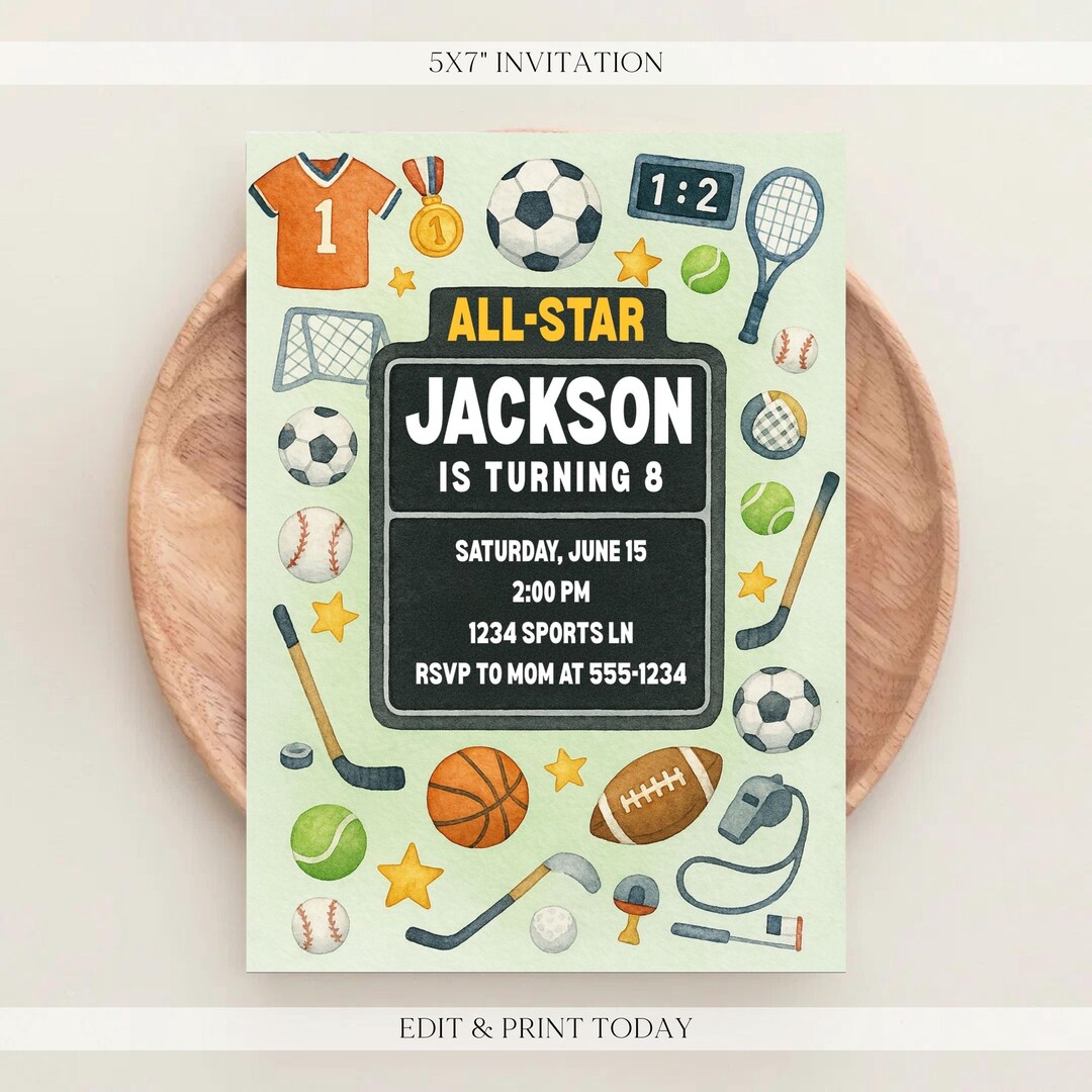 Editable All Star Sports Invitebirthday Invitation - Sports Theme ...