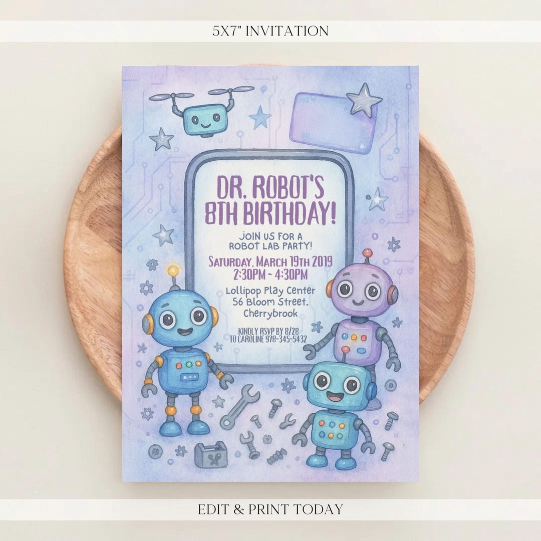 Editable Robot Birthday Invitation - Robot Party Birthday Digital ...