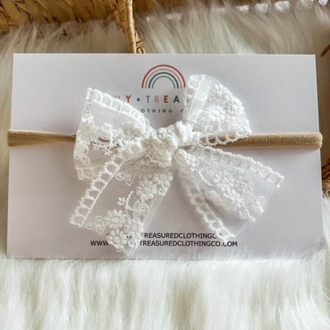 White Lace Bow, Floral Lace Bow, Baby Headband, Baby Bow, Baby Shower ...