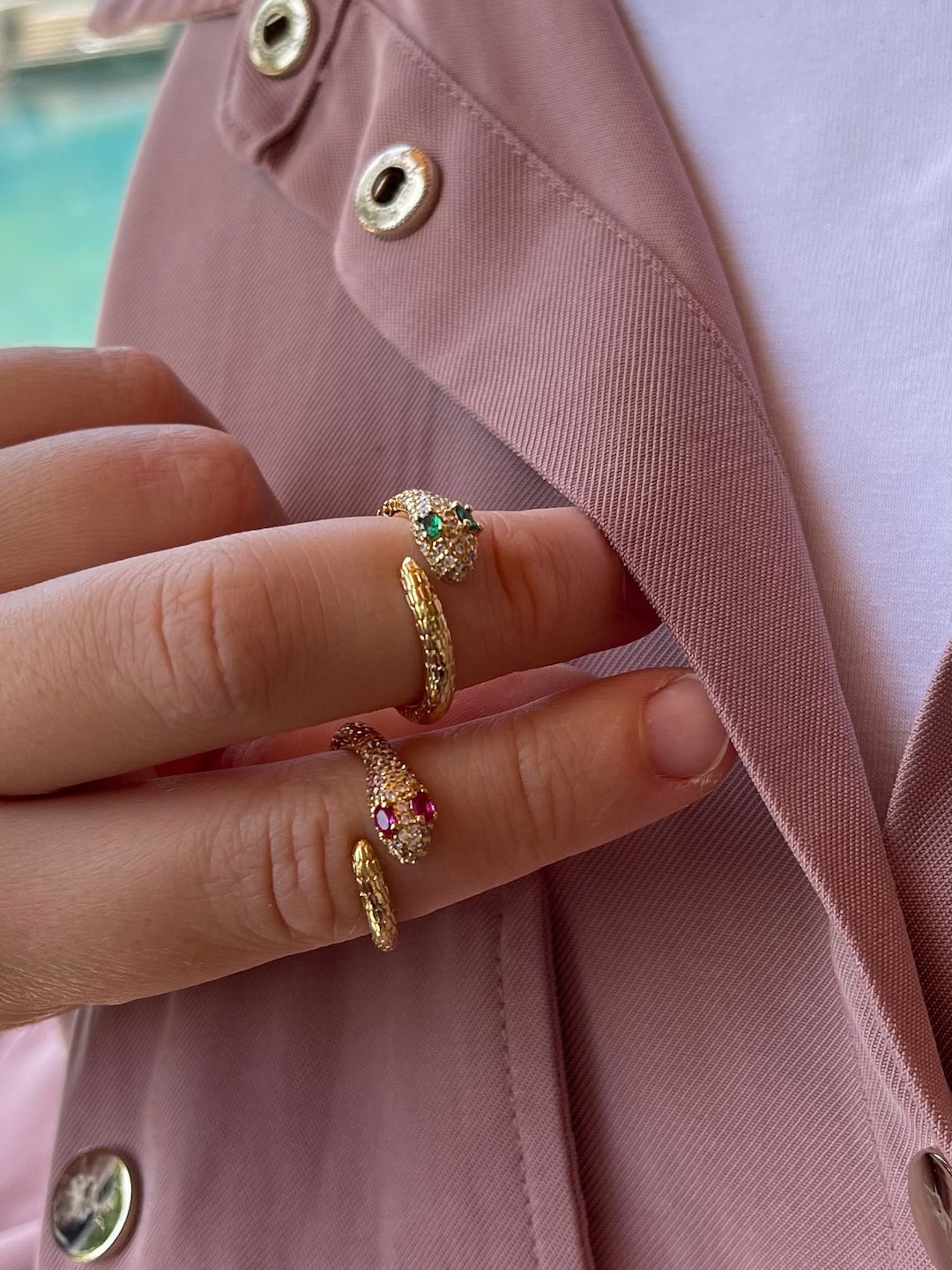 Pave Snake Ring, Green Pink Eye Serpent Ring, Adjustable Snake Ring ...