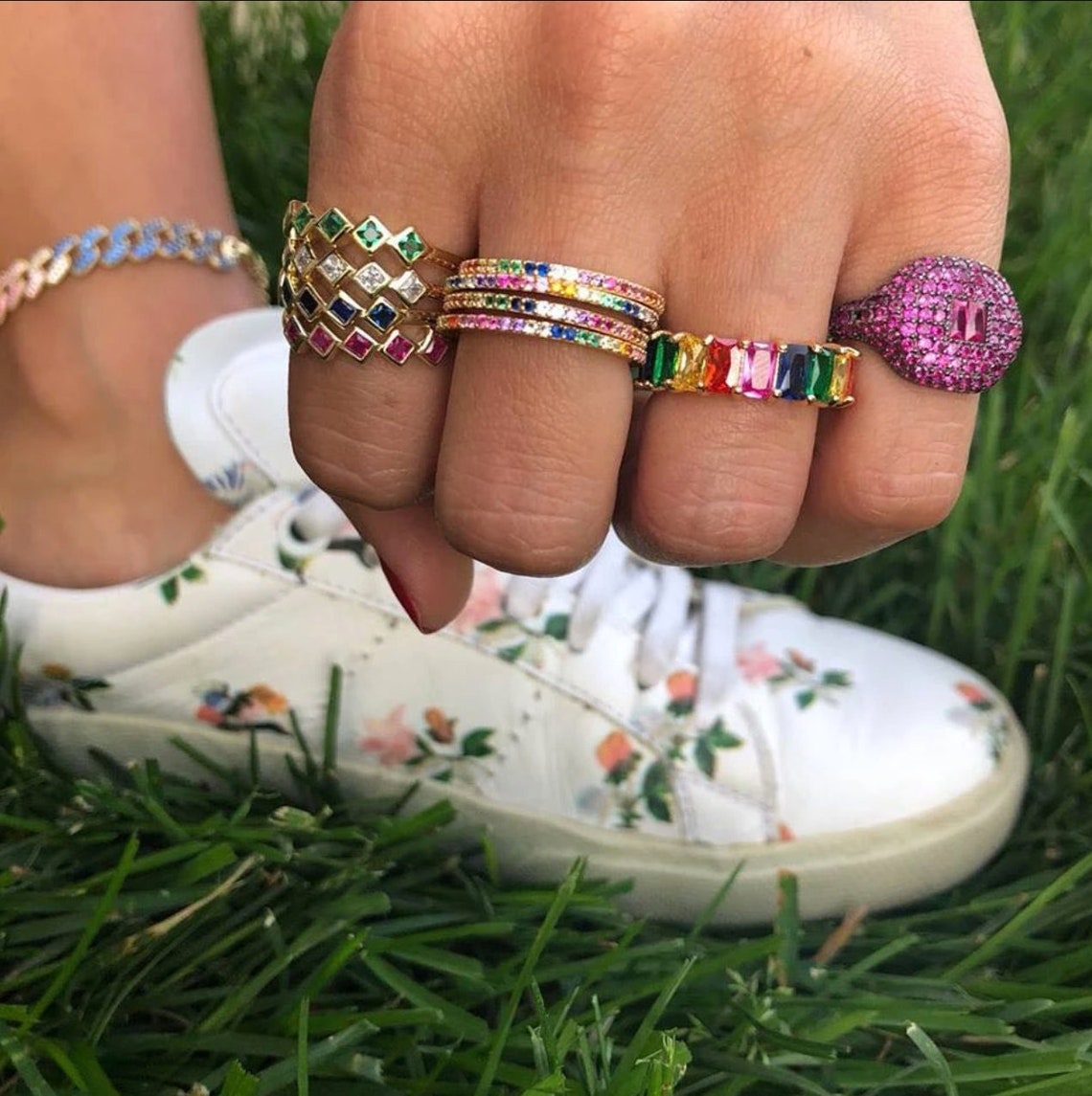 Rainbow Ring Sterling Silver Y2K Ring Colourful Aesthetics - Etsy