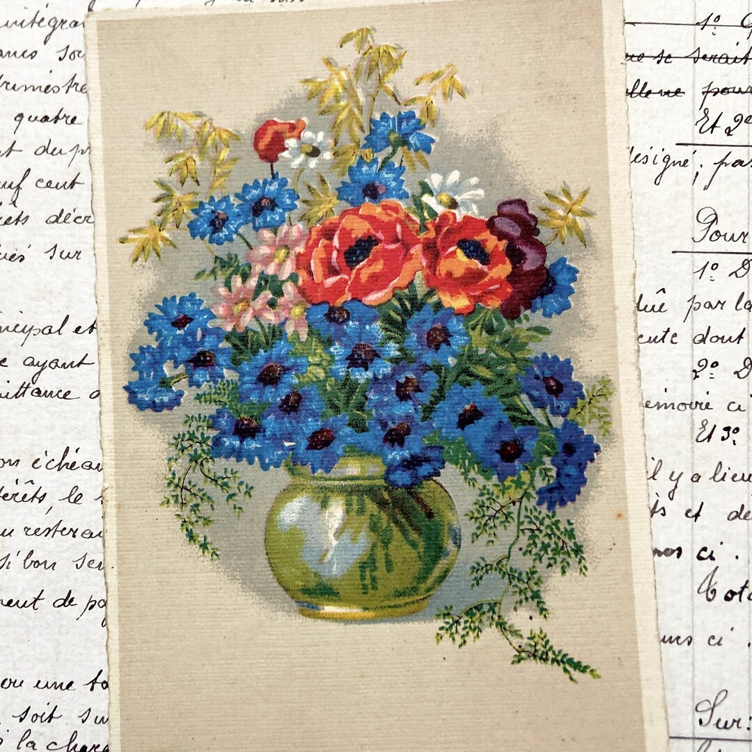 1940s Postcard With a Bouquet of Bleu Red and White Flowers - Etsy