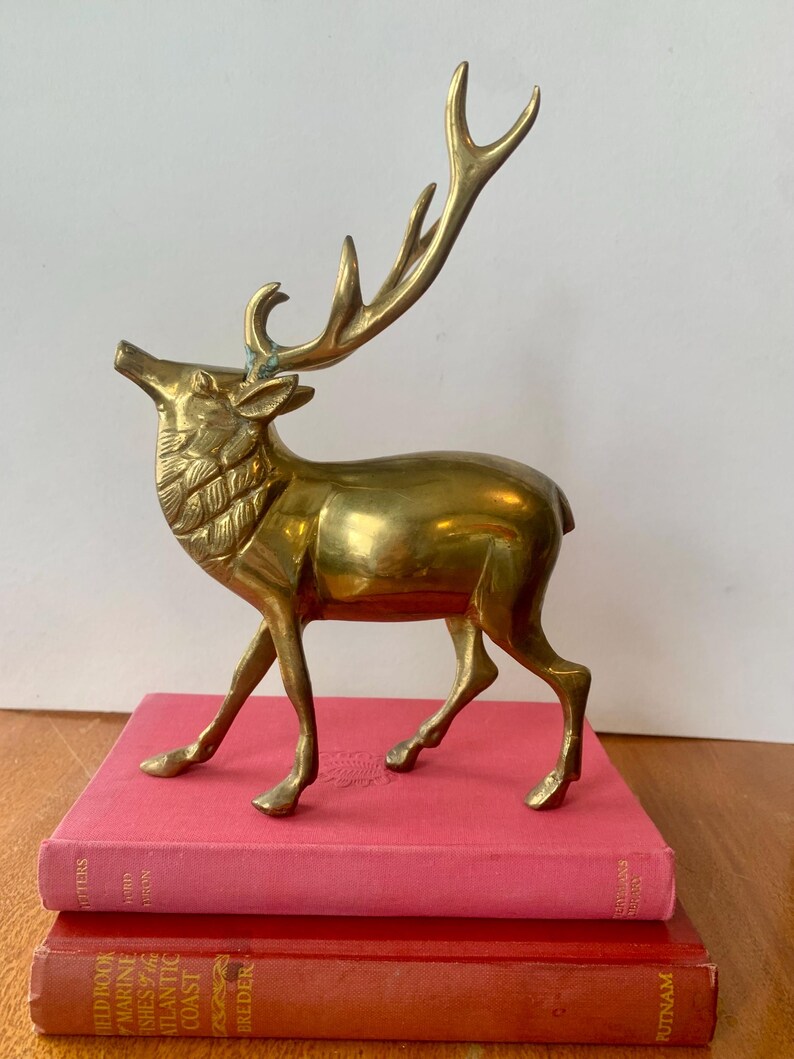 Vintage Solid Brass Deer Statue Standing Antlers Reindeer Stag 8" Elk ...