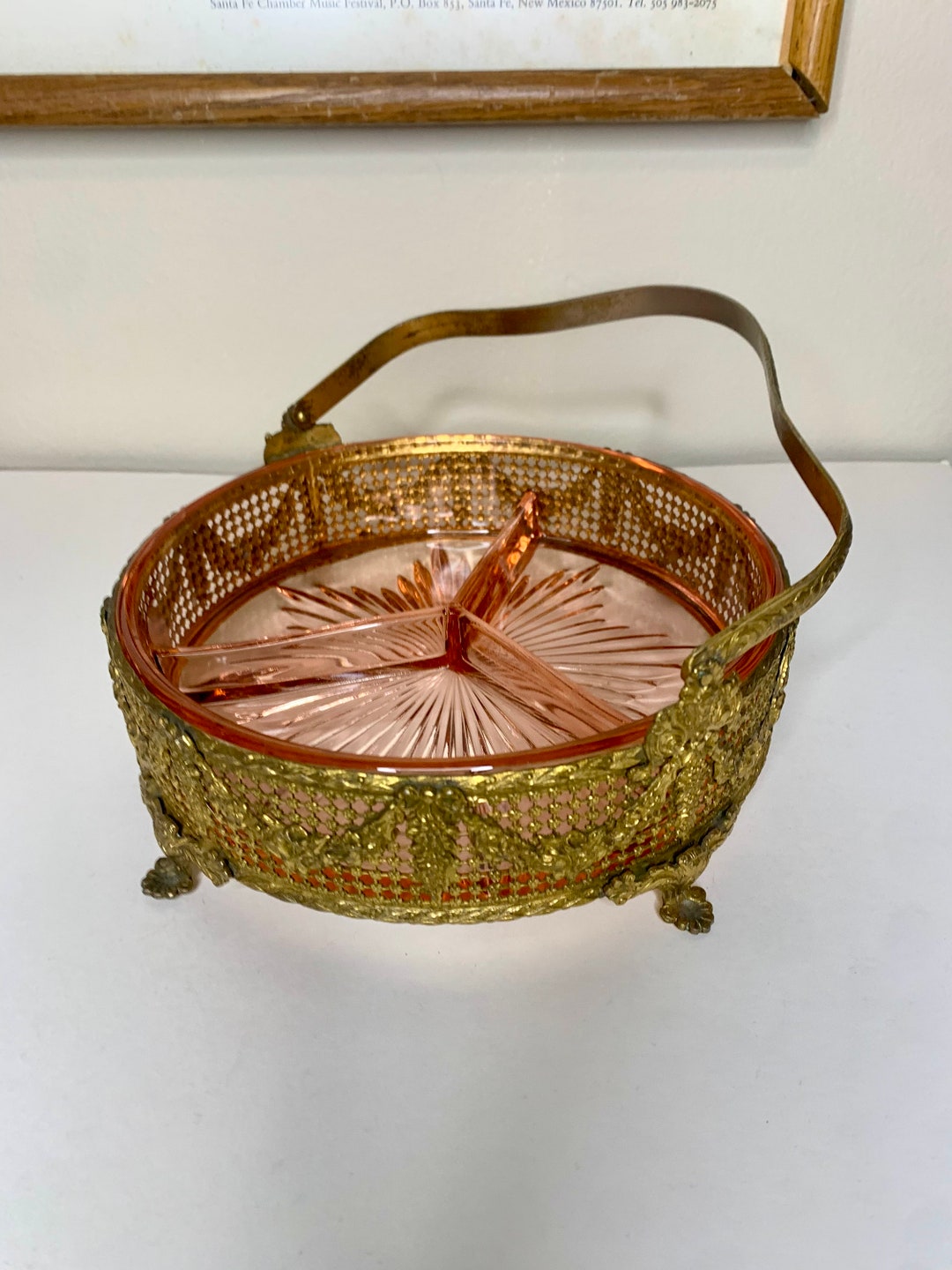 Vintage Brass Filigree Basket Pink Glass Divided Dish Footed Empire ...