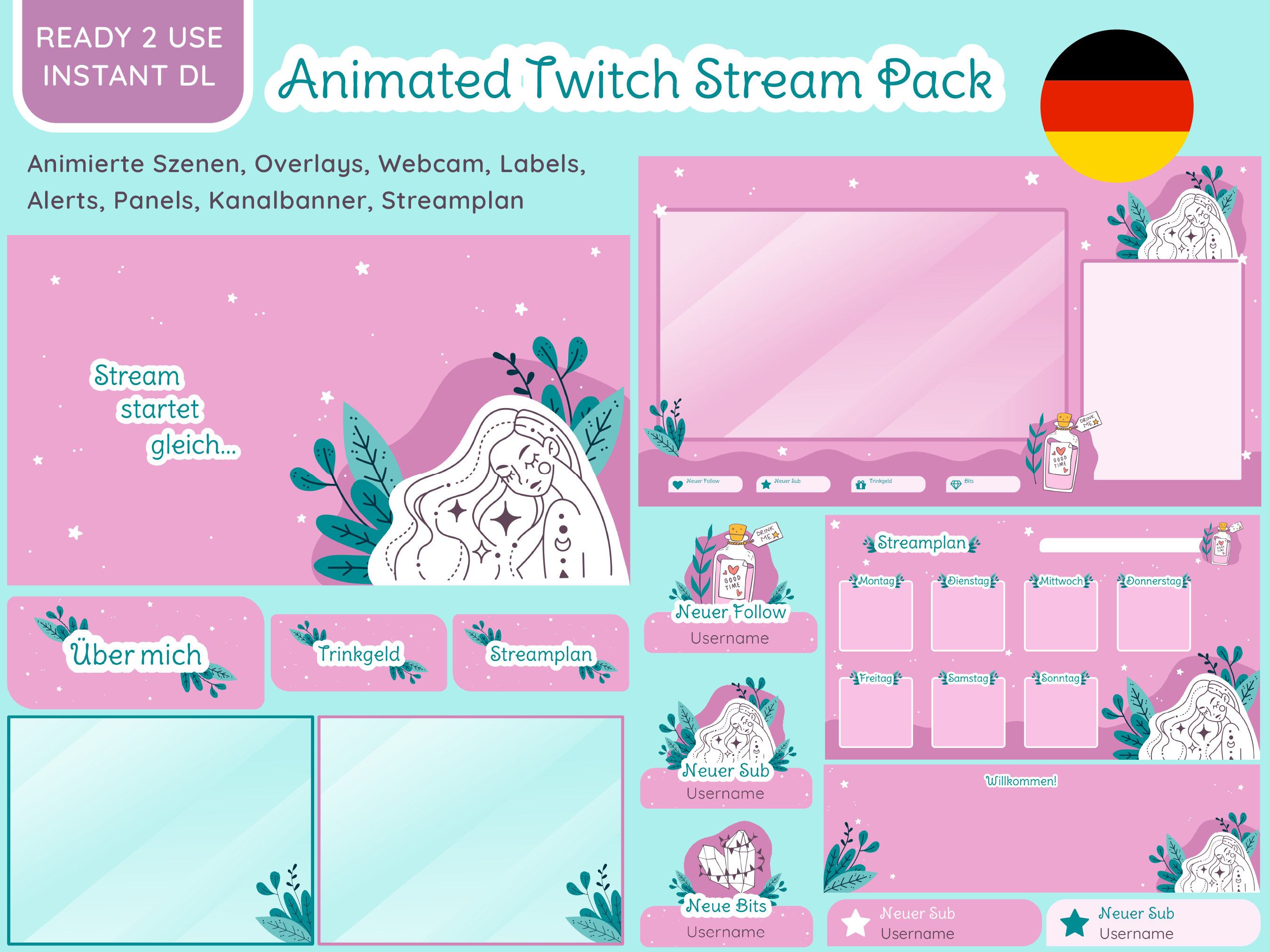 Twitch Overlay Pack | German | SELFLOVE | Animated Scenes - Etsy