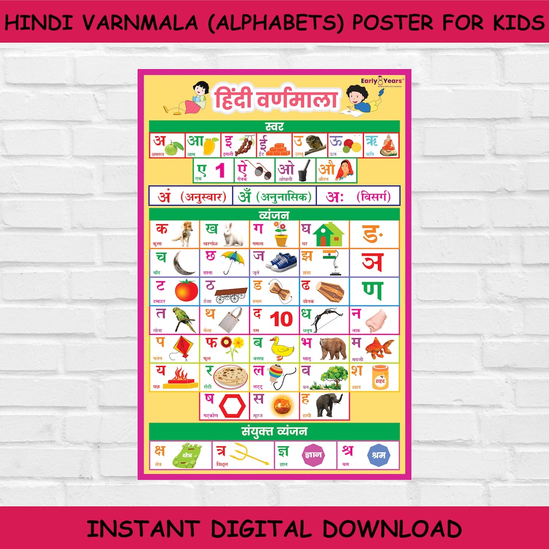 Hindi Alphabet Poster Chart for Kids, Printable Hindi Poster, Hindi ...