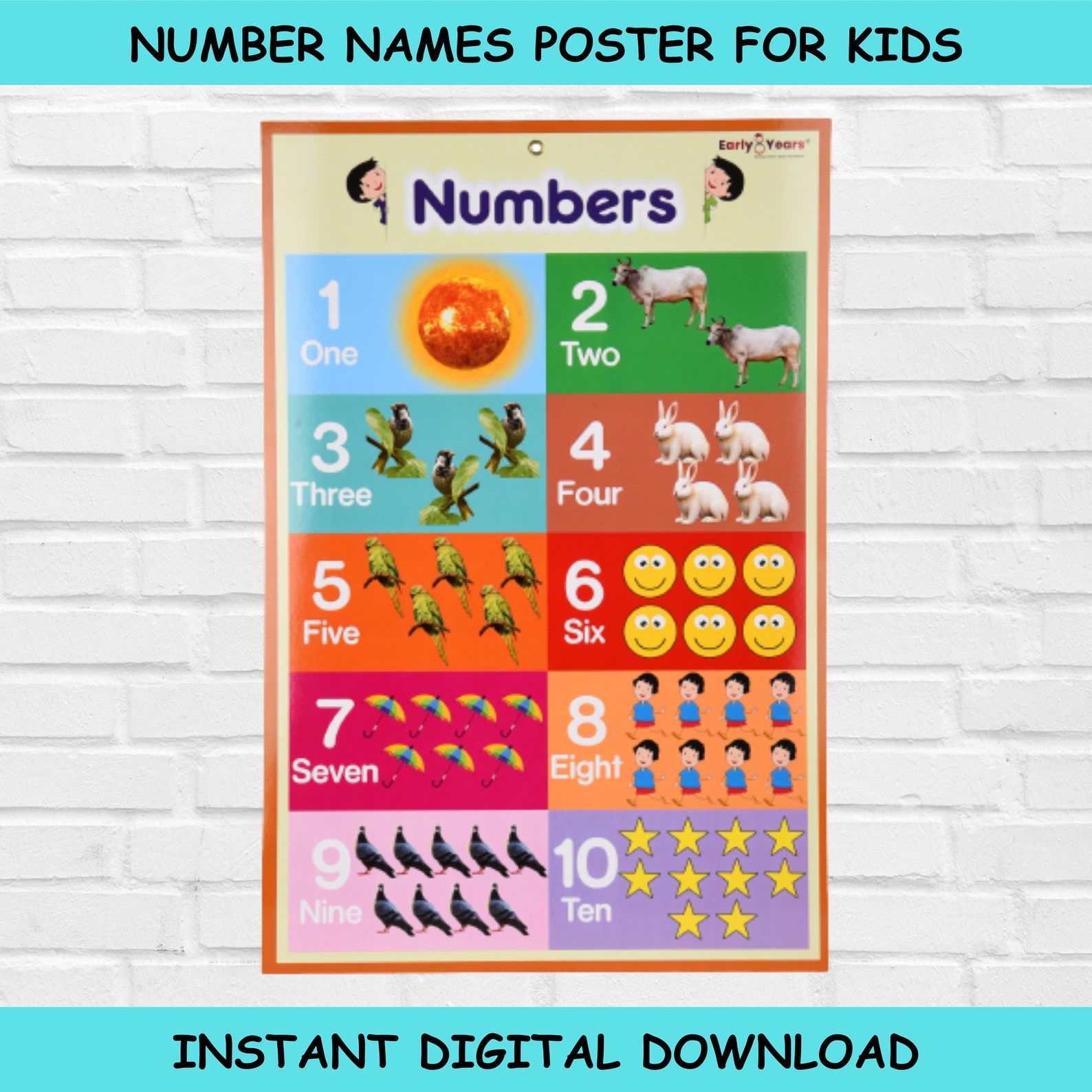 Number Name Poster for Kids With Pictures, Count 1-20 Chart, Digital ...