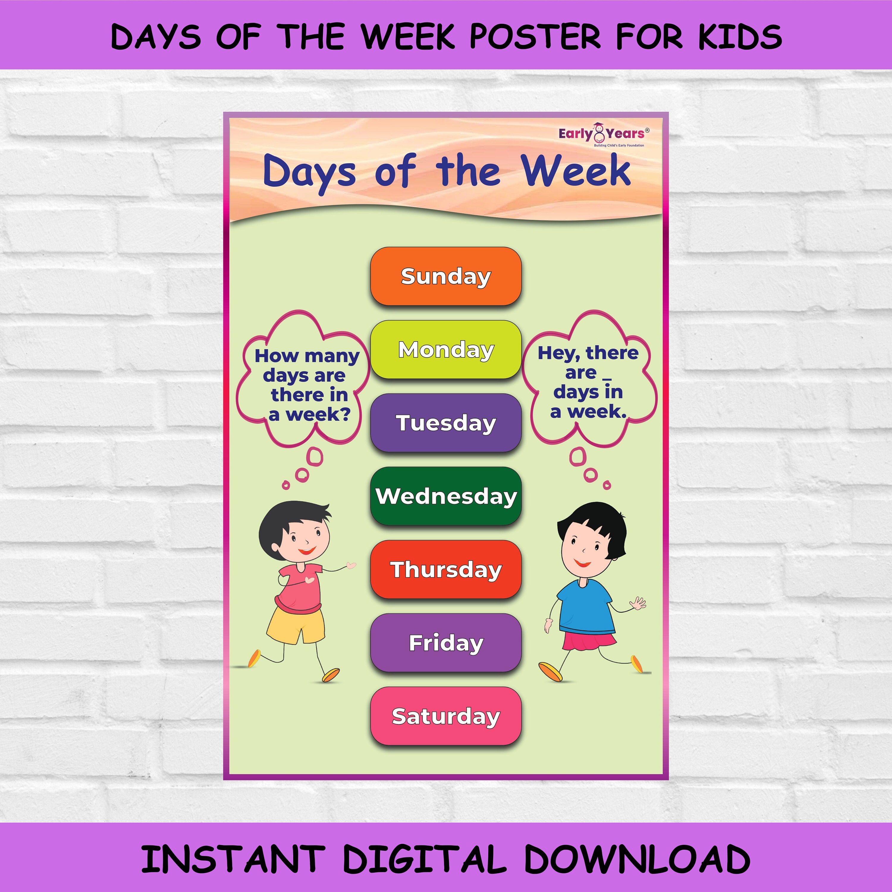 Days of the Week Printable Poster for Kids I Digital Download I ...