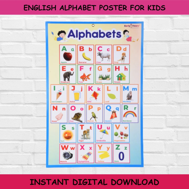 English Alphabet Chart Poster for Kids With Pictures I Digital Download ...