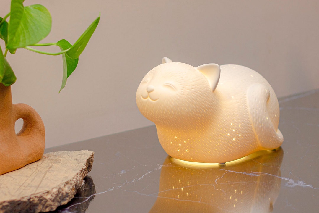 Porcelain Table Lamp in a Smiling Cat Design Kid's Night Light Hand ...