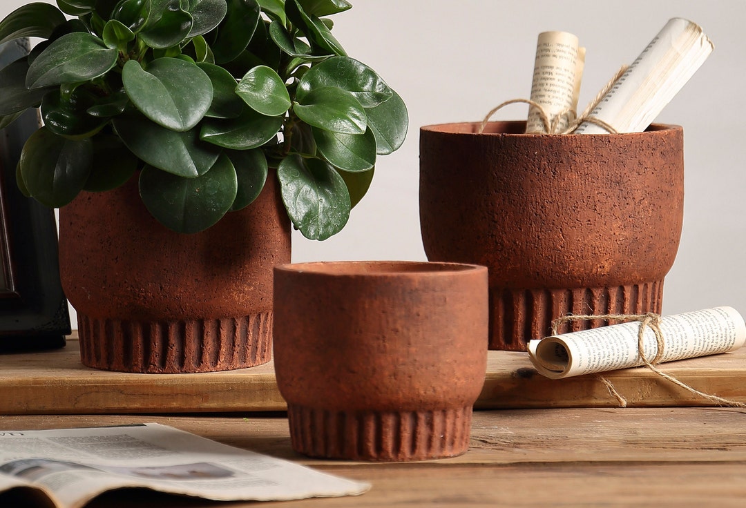 Rustic Textured Cement Plant Pot in Terracotta No Drainage - Etsy
