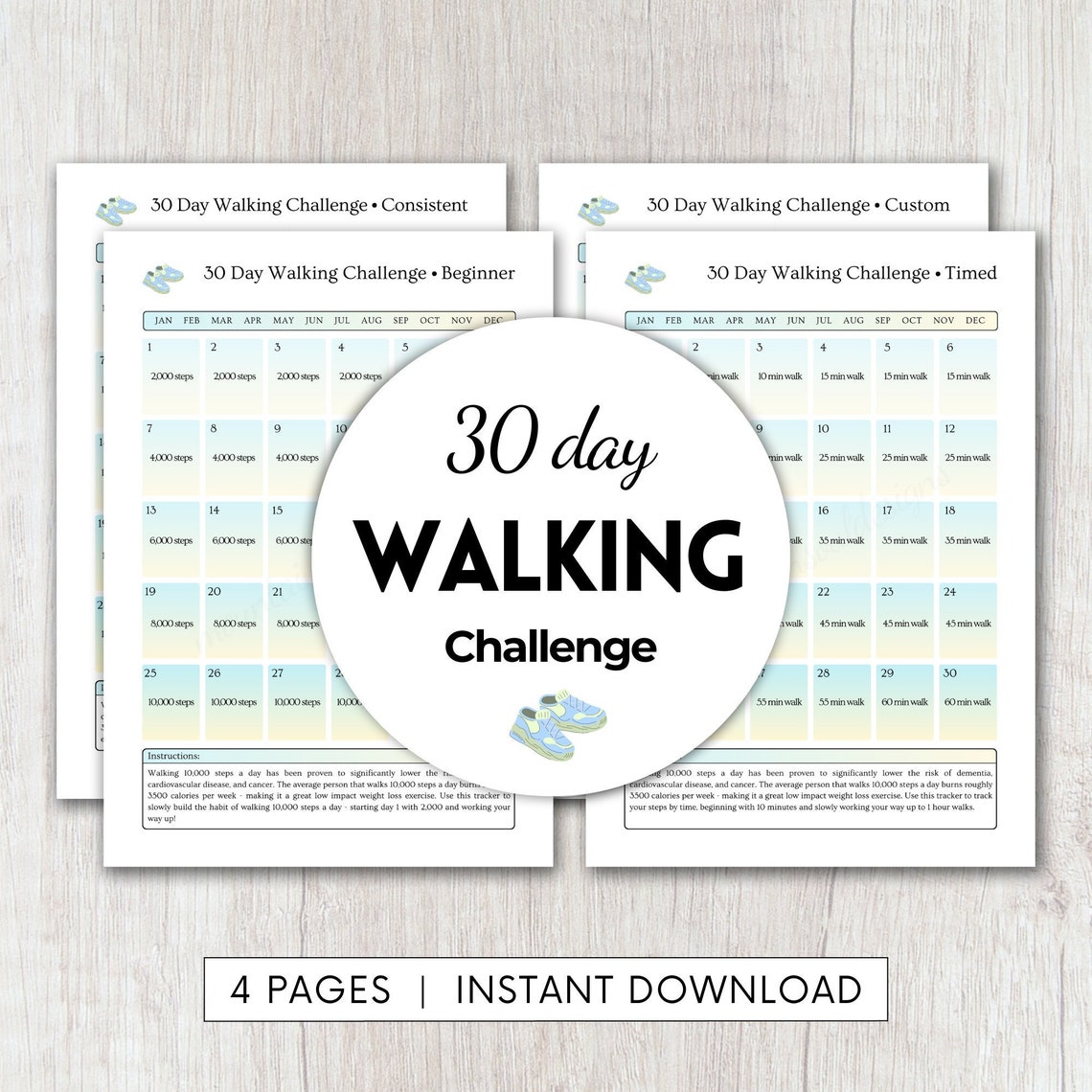 30 Day Walking Challenge Tracker: Step & Minute Goals (digital Download ...