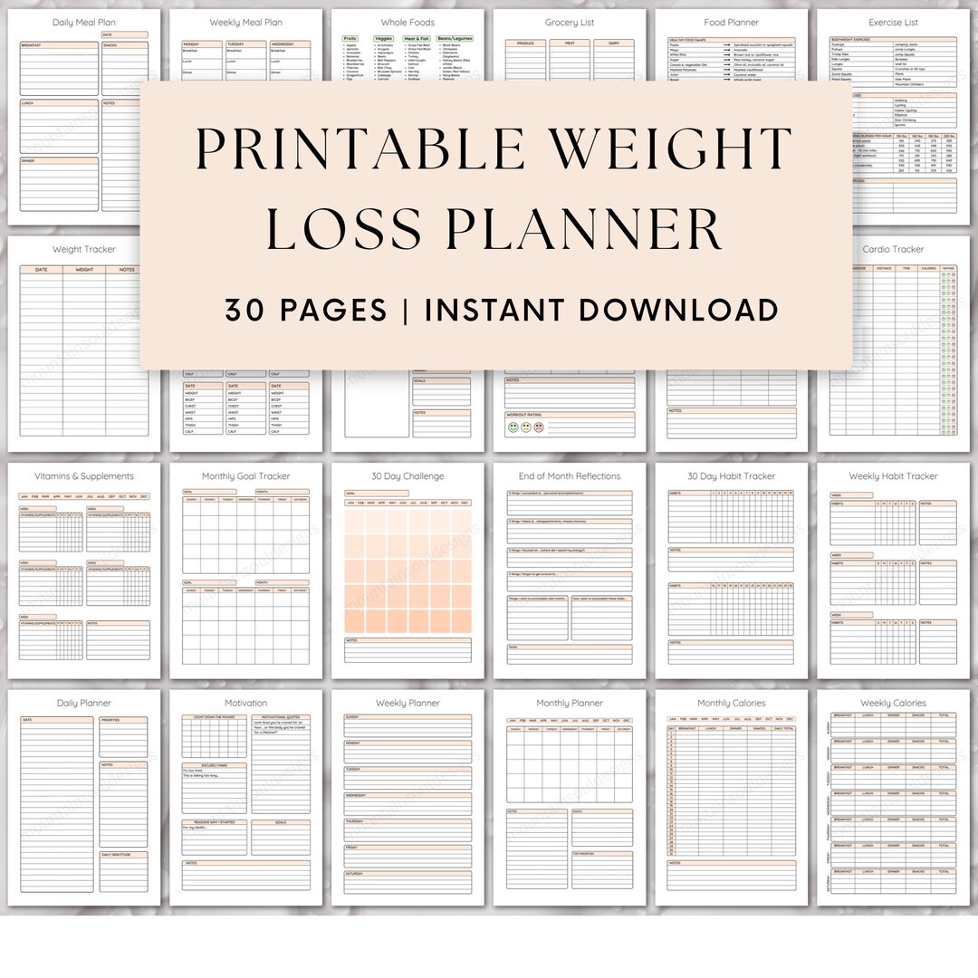 Weight Loss Planner Printable Calorie Tracker Printable Exercise List ...