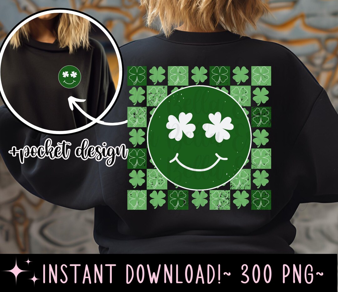 Retro Checkered Smiley With Four Leaf Clovers Png, St Patricks Day ...