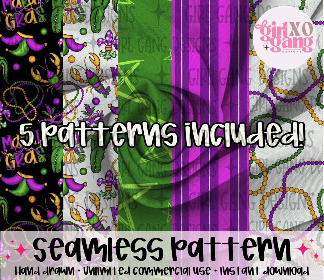 5 Mardi Gras Seamless Patterns PNG, Doodle Mardi Gras Louisiana Pattern ...
