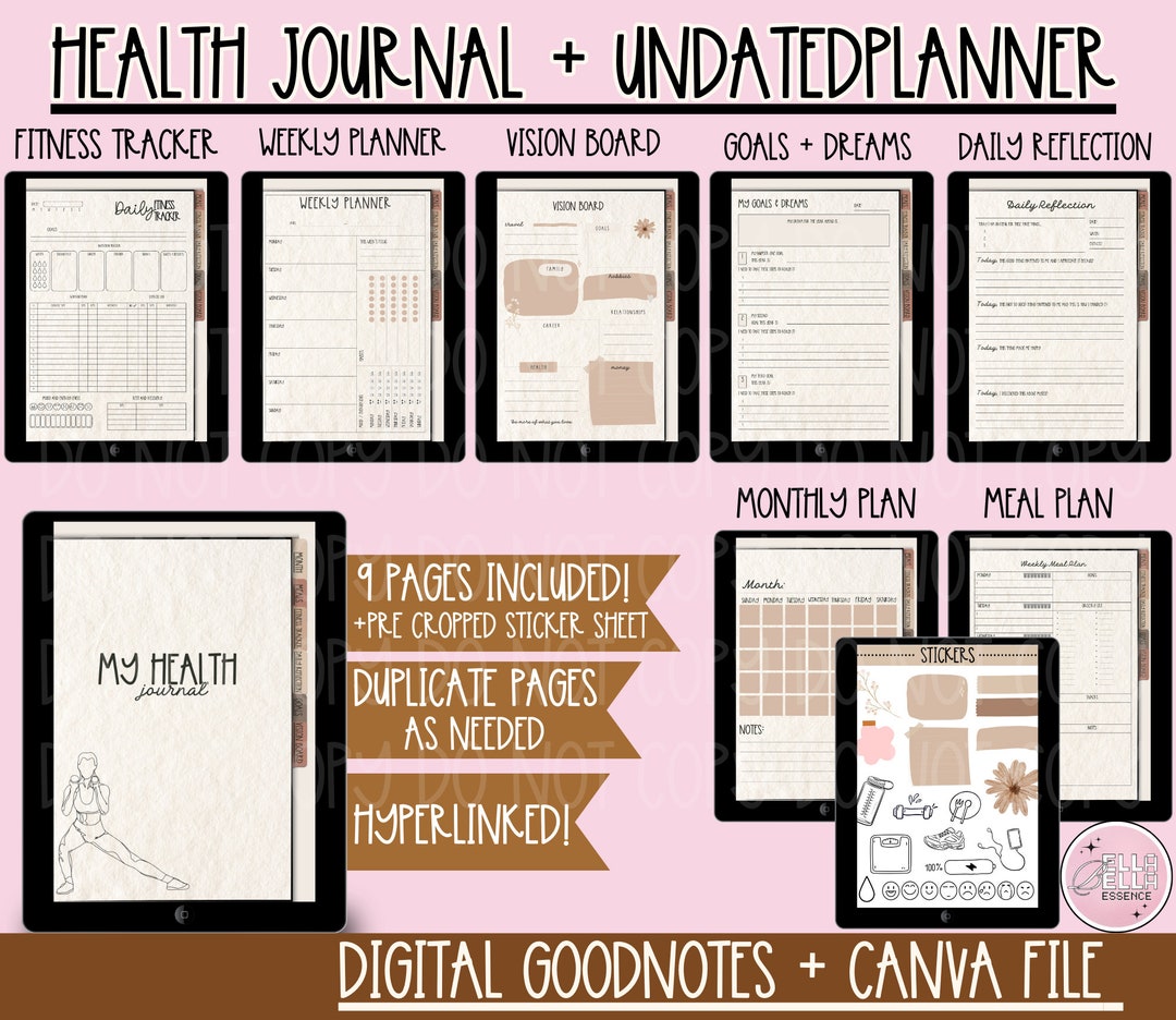 Digital Health Tracker + Undated Planner, Hyperlinked, Neutral Theme ...
