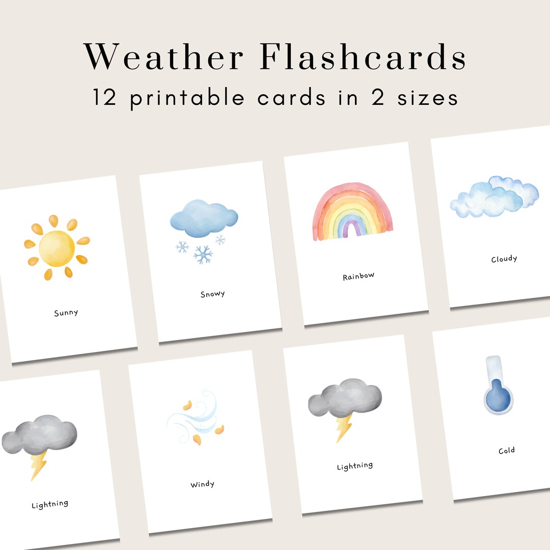 Weather Flashcards | 12 Printable Weather Cards | Weather Chart ...