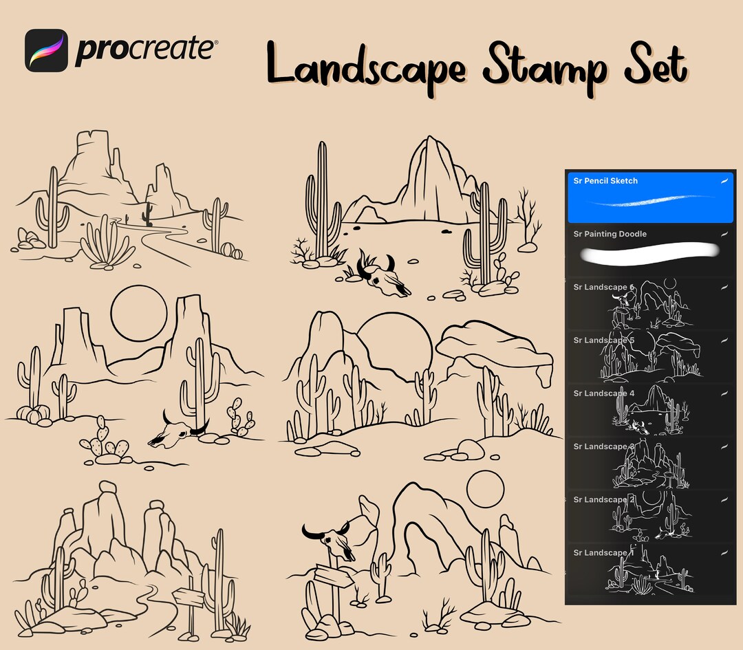 Procreate Landscape Stamps 6 Stamps 2 Sketch Brushes, Easy Cartoon ...