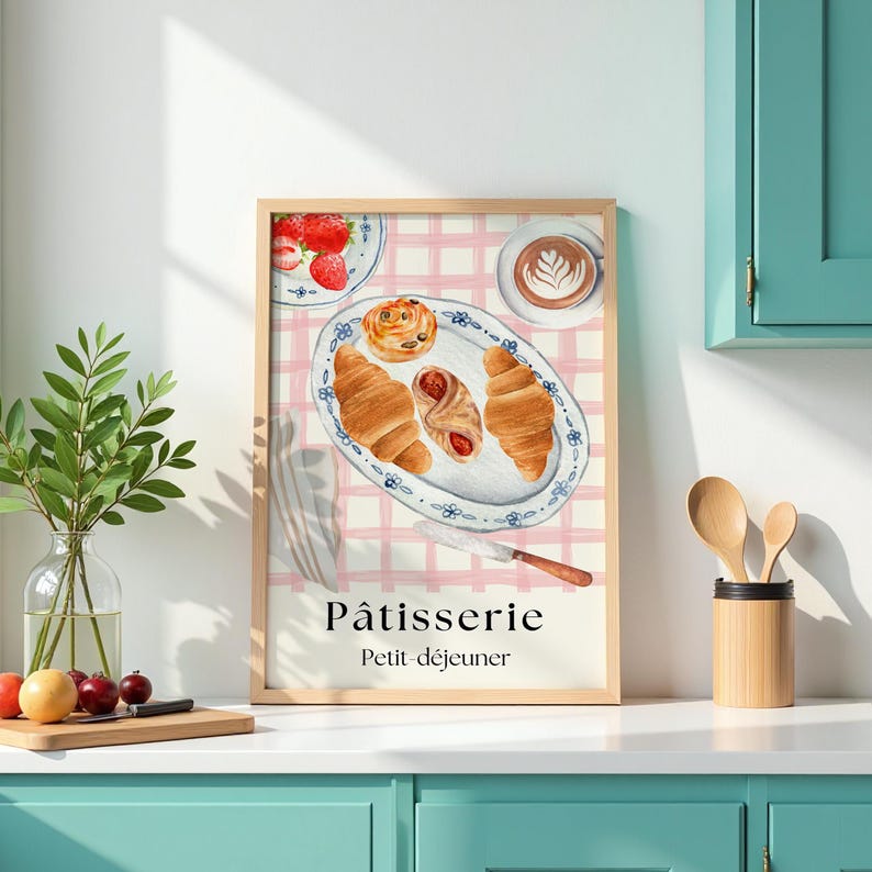 French Bakery Wall Art Patisserie Breakfast Print Watercolour Croissant ...