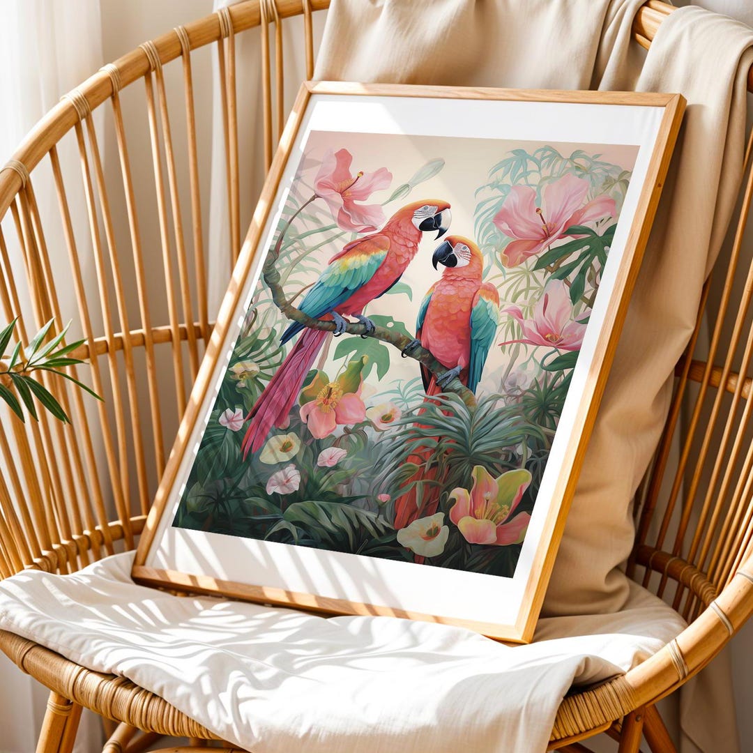 Tropical Parrot Wall Art, Macaw Bird Print, Jungle Floral Art, Digital ...