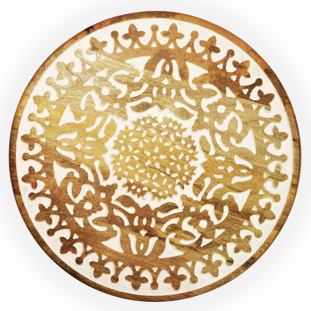 Hand Carved Mandala Lazy Susan Turn Table Rotating Serving Board Wooden ...