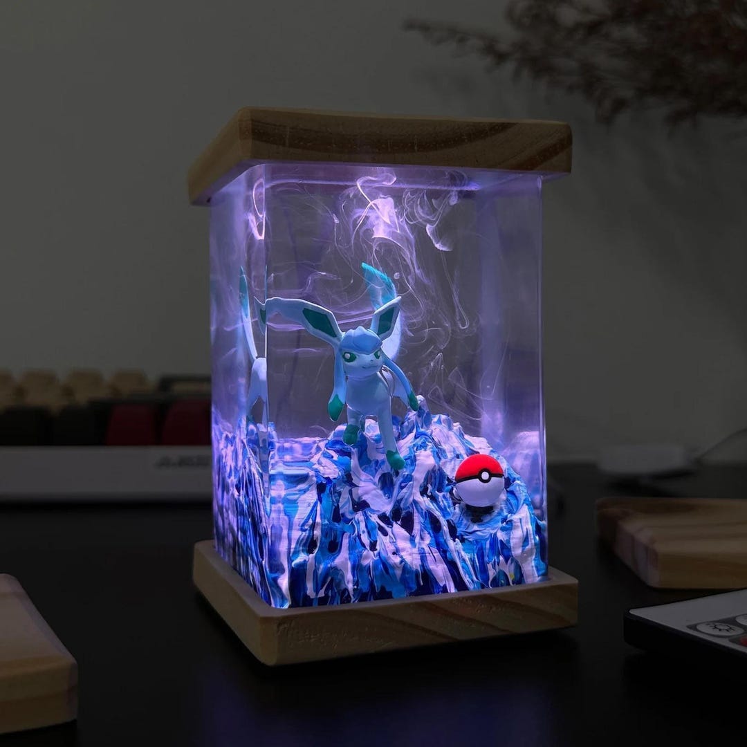 Glaceon Resin Lamp | Ice Pokémon LED Diorama | Handmade Night Light ...