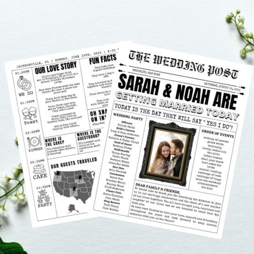 Wedding Newspaper Template With Photos, Newspaper Wedding Program Canva ...
