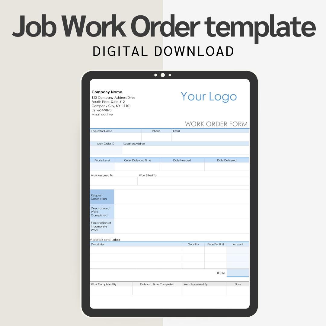 Job Work Order Template, Printable Work Order Management, Editable in ...