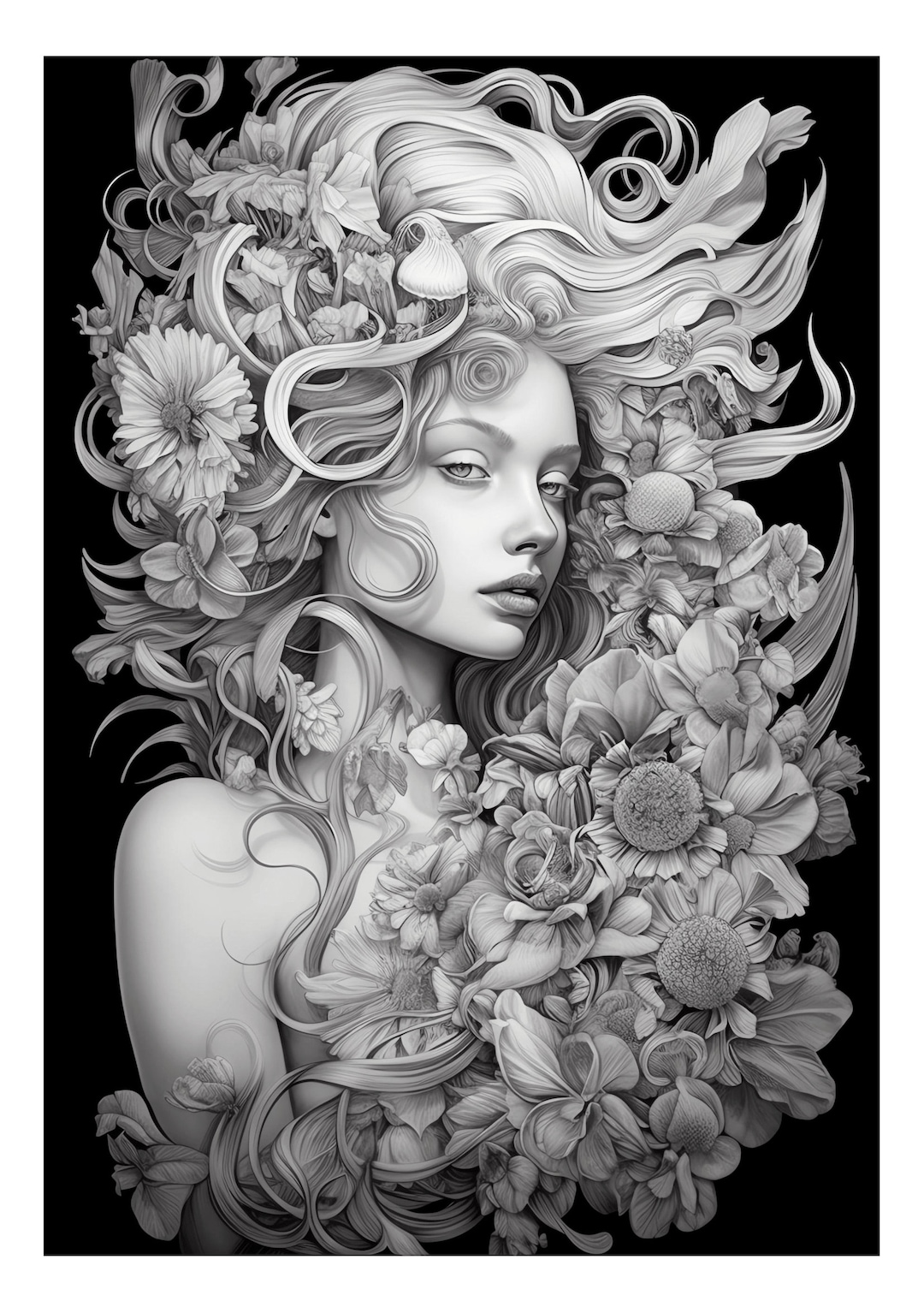 Blossom Beauties - 30 Printable Grayscale Coloring Pages With Women ...