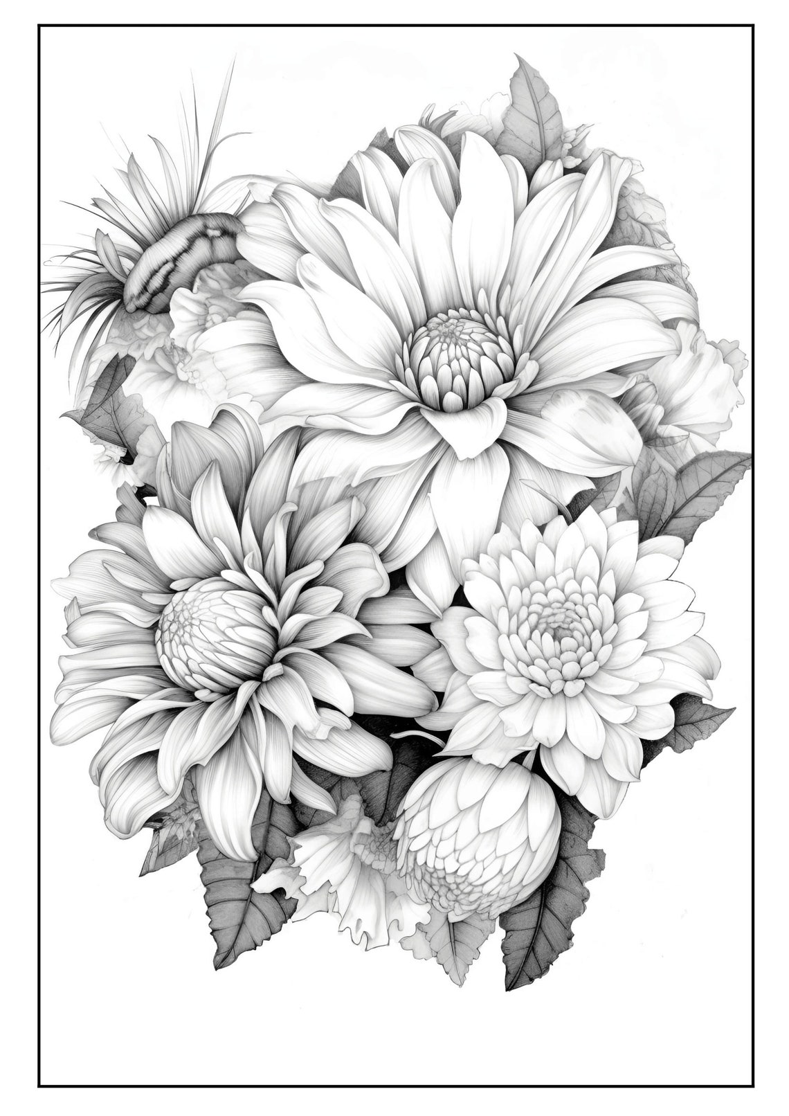 30 Printable Grayscale Coloring Pages With Flowers, for Kids and Adults ...