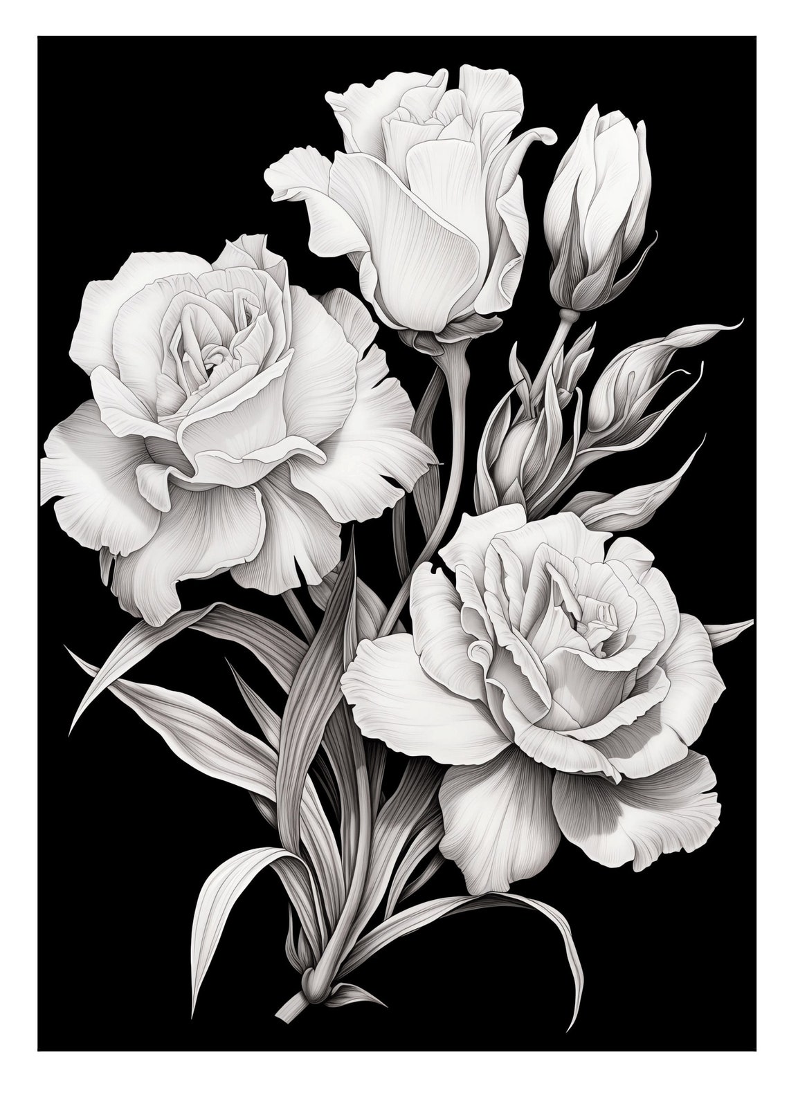 30 Printable Grayscale Coloring Pages With Flowers and Flower Bouquets ...