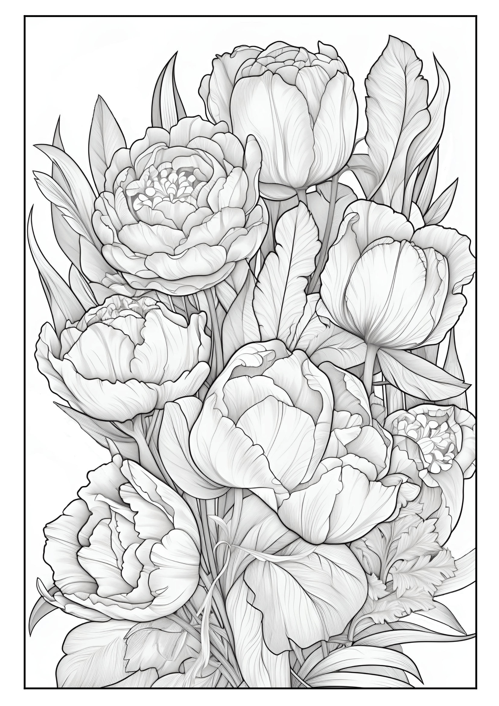 30 Printable Grayscale Coloring Pages With Flowers, for Kids and Adults ...