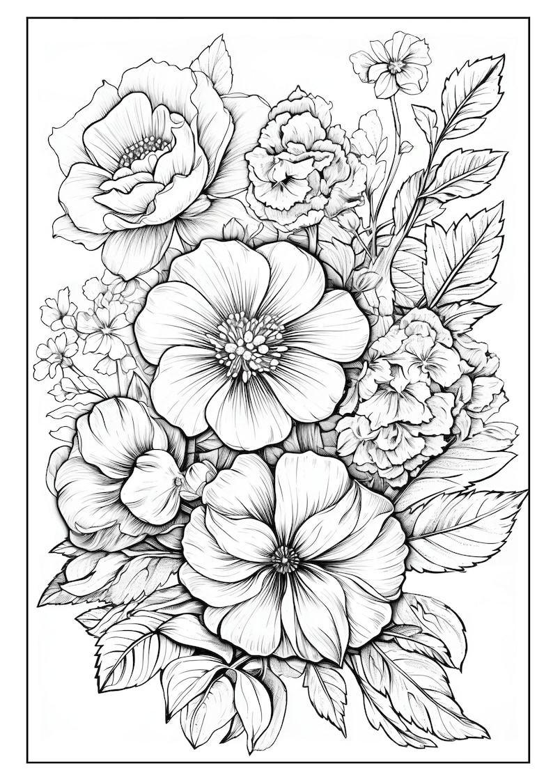 30 Printable Grayscale Coloring Pages With Flowers, for Kids and Adults ...
