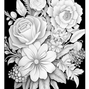 30 Printable Grayscale Coloring Pages With Flowers and Flower Bouquets ...