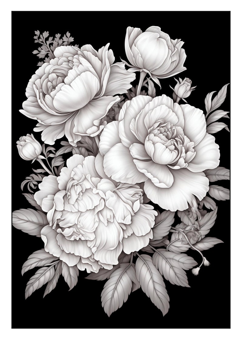 30 Printable Grayscale Coloring Pages With Flowers and Flower Bouquets ...