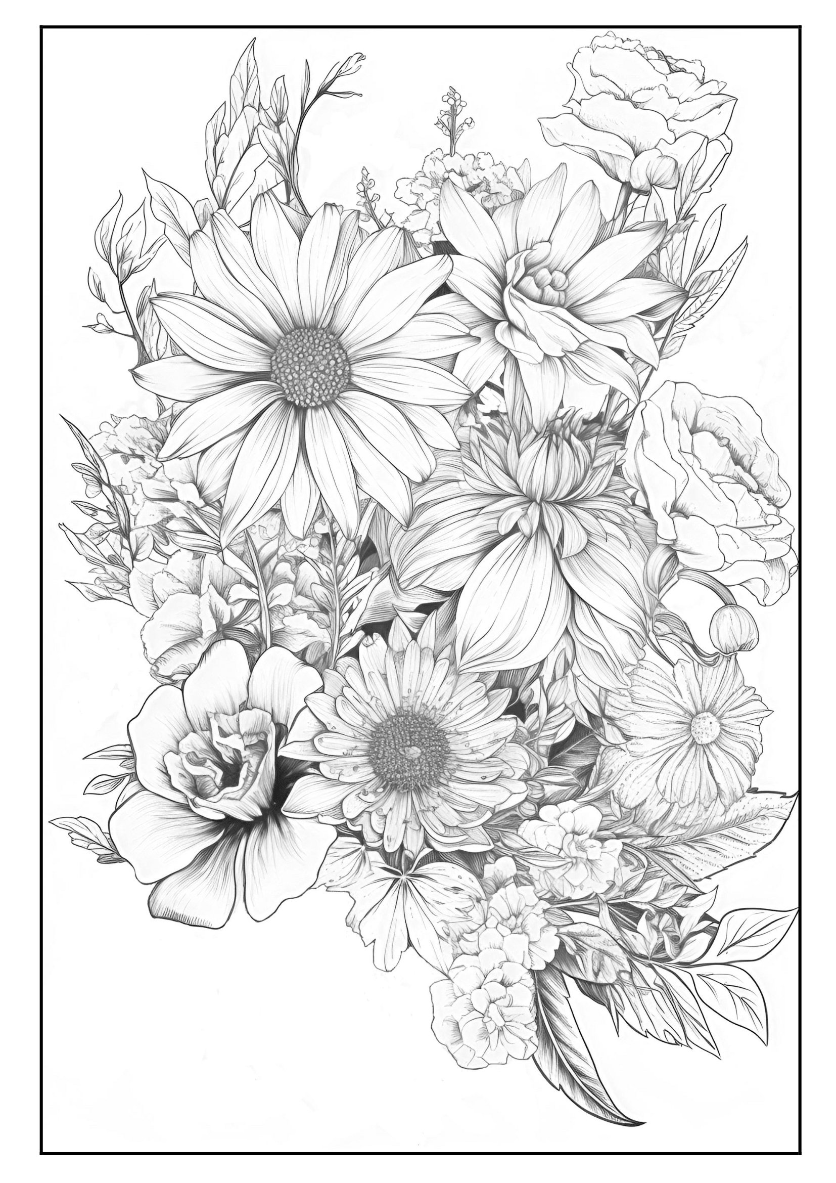 30 Printable Grayscale Coloring Pages With Flowers, for Kids and Adults ...