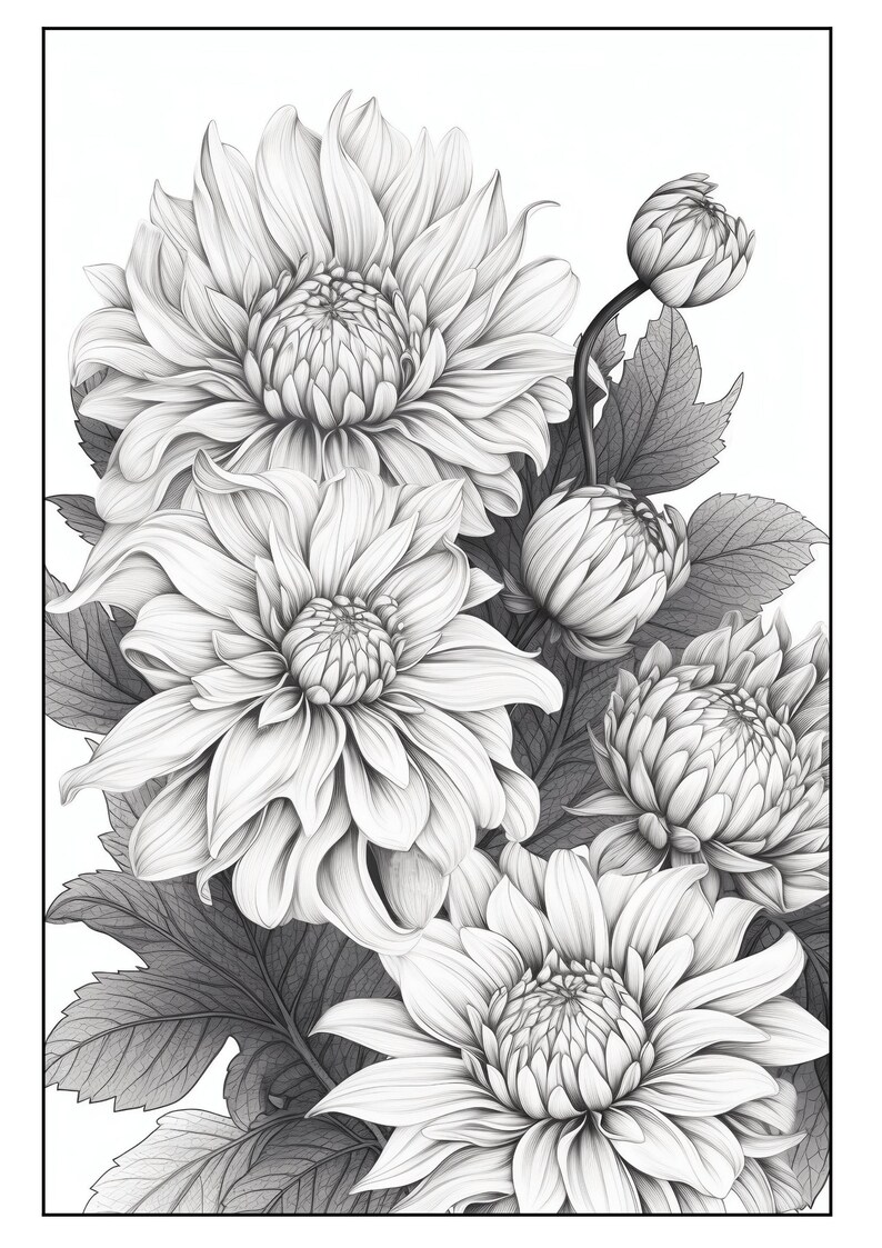 30 Printable Grayscale Coloring Pages With Flowers, for Kids and Adults ...