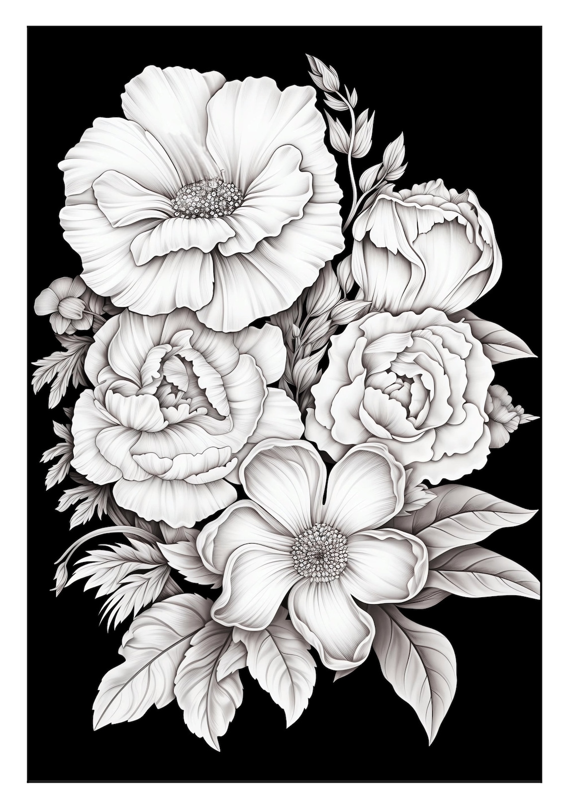 30 Printable Grayscale Coloring Pages With Flowers and Flower Bouquets ...