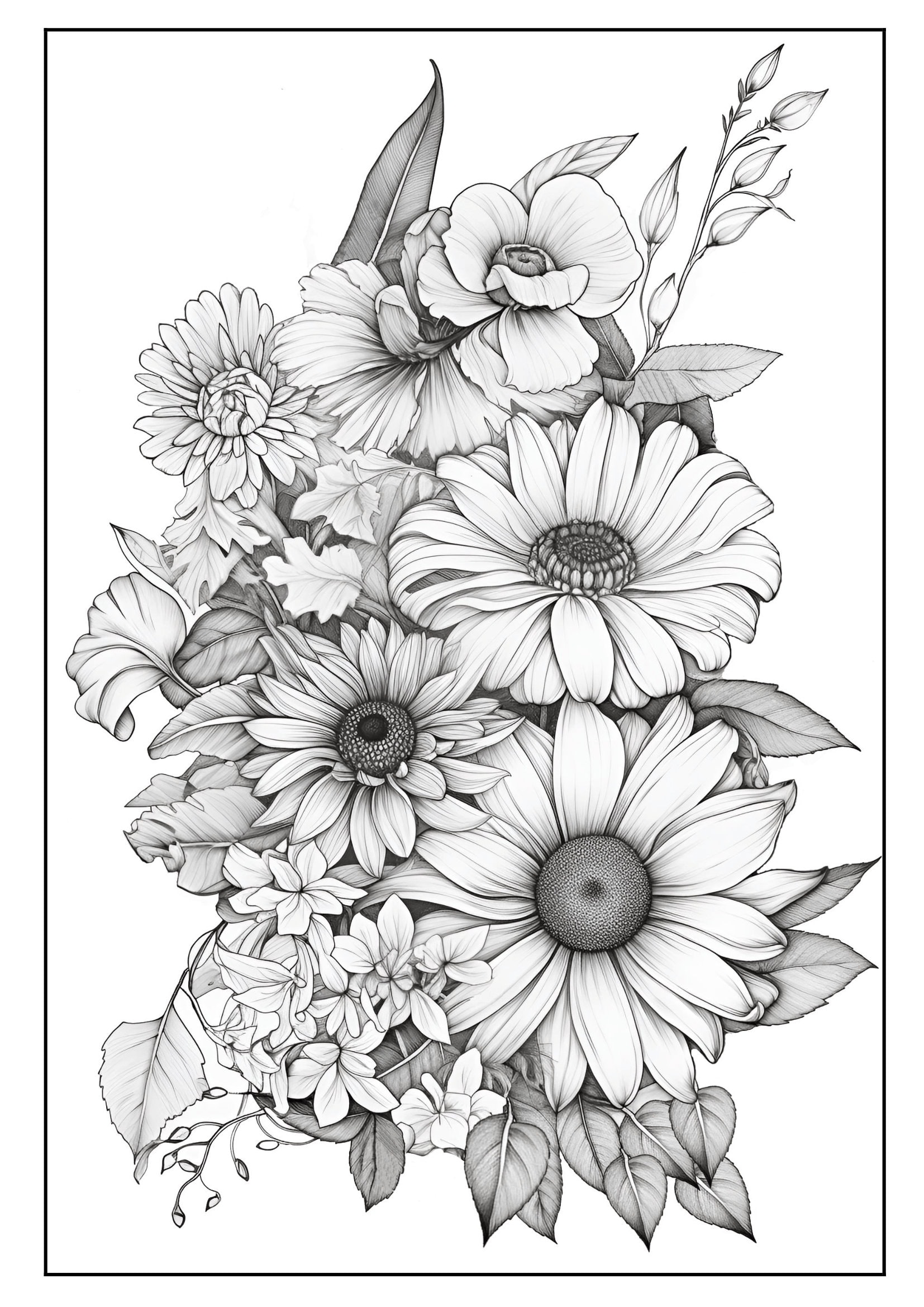 30 Printable Grayscale Coloring Pages With Flowers, for Kids and Adults ...