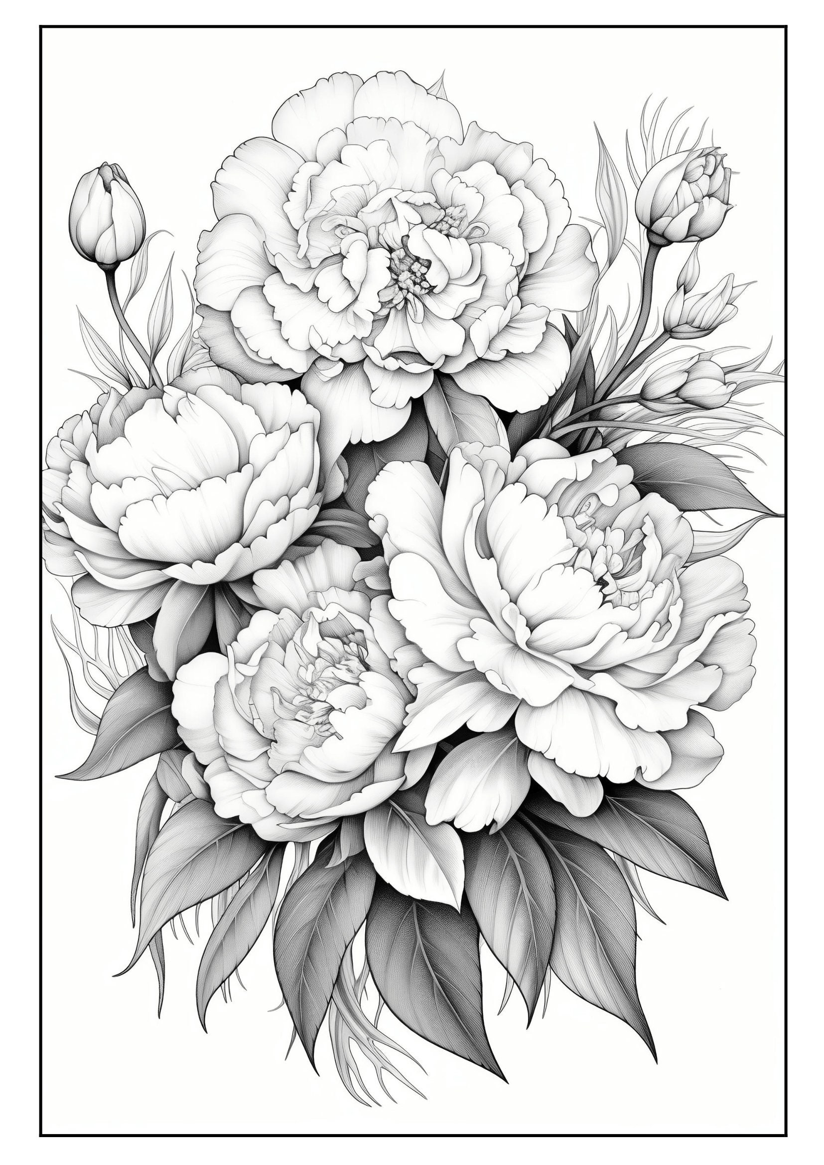 30 Printable Grayscale Coloring Pages With Flowers, for Kids and Adults ...
