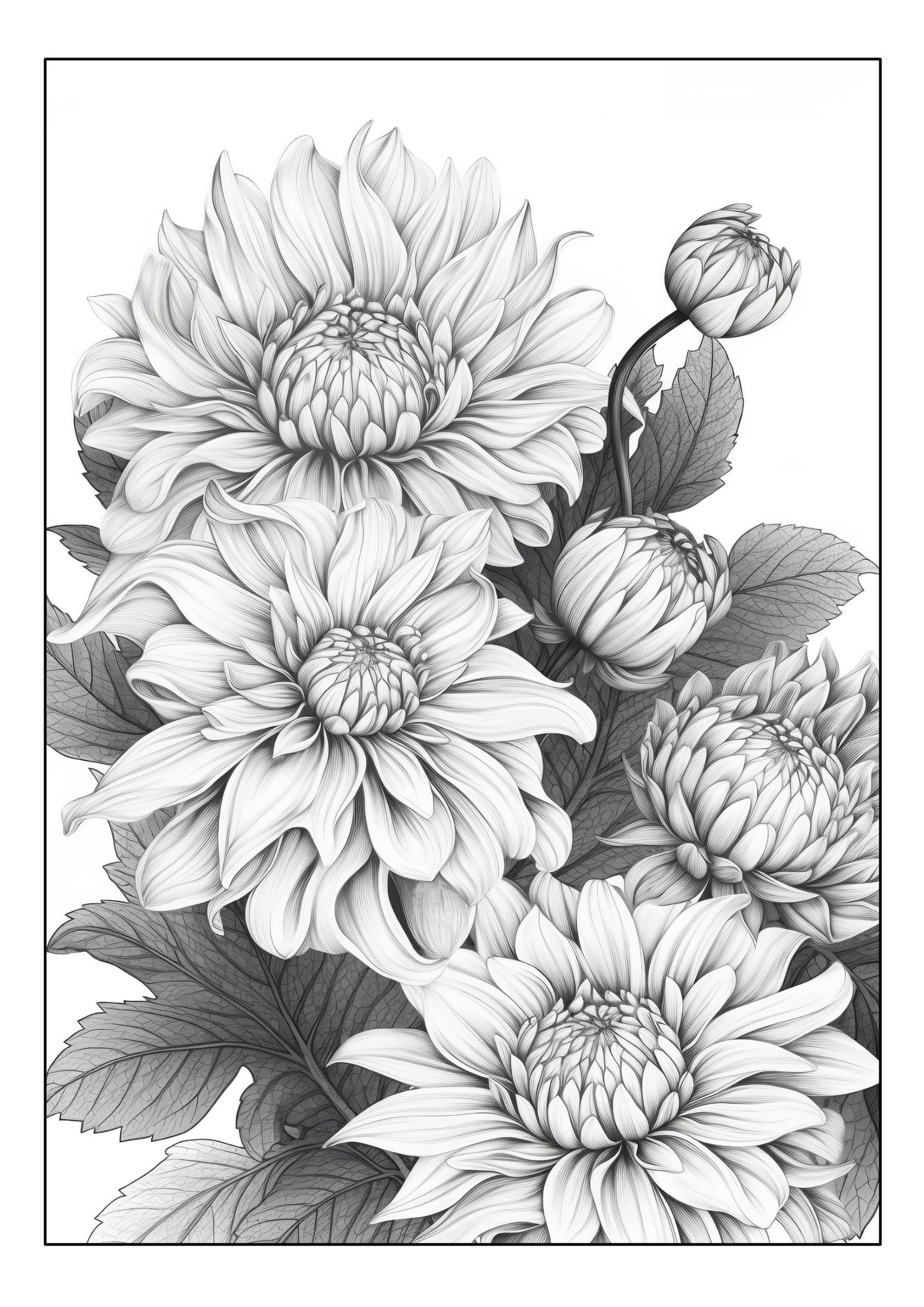 30 Printable Grayscale Coloring Pages With Flowers, for Kids and Adults ...