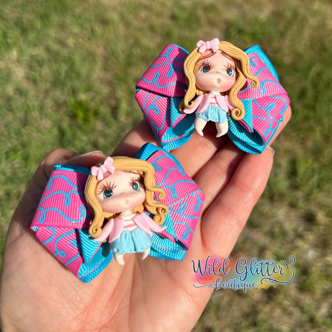 Pigtail Hair Bows: Pink & Blue Ribbon, Handmade Clay Girl - Set of 2 - Etsy