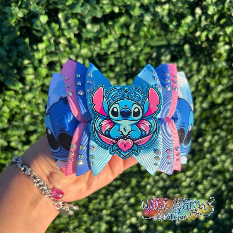 Blue Alien Inspired Hair Bow | Pink & Blue Rhinestone Layered Boutique ...