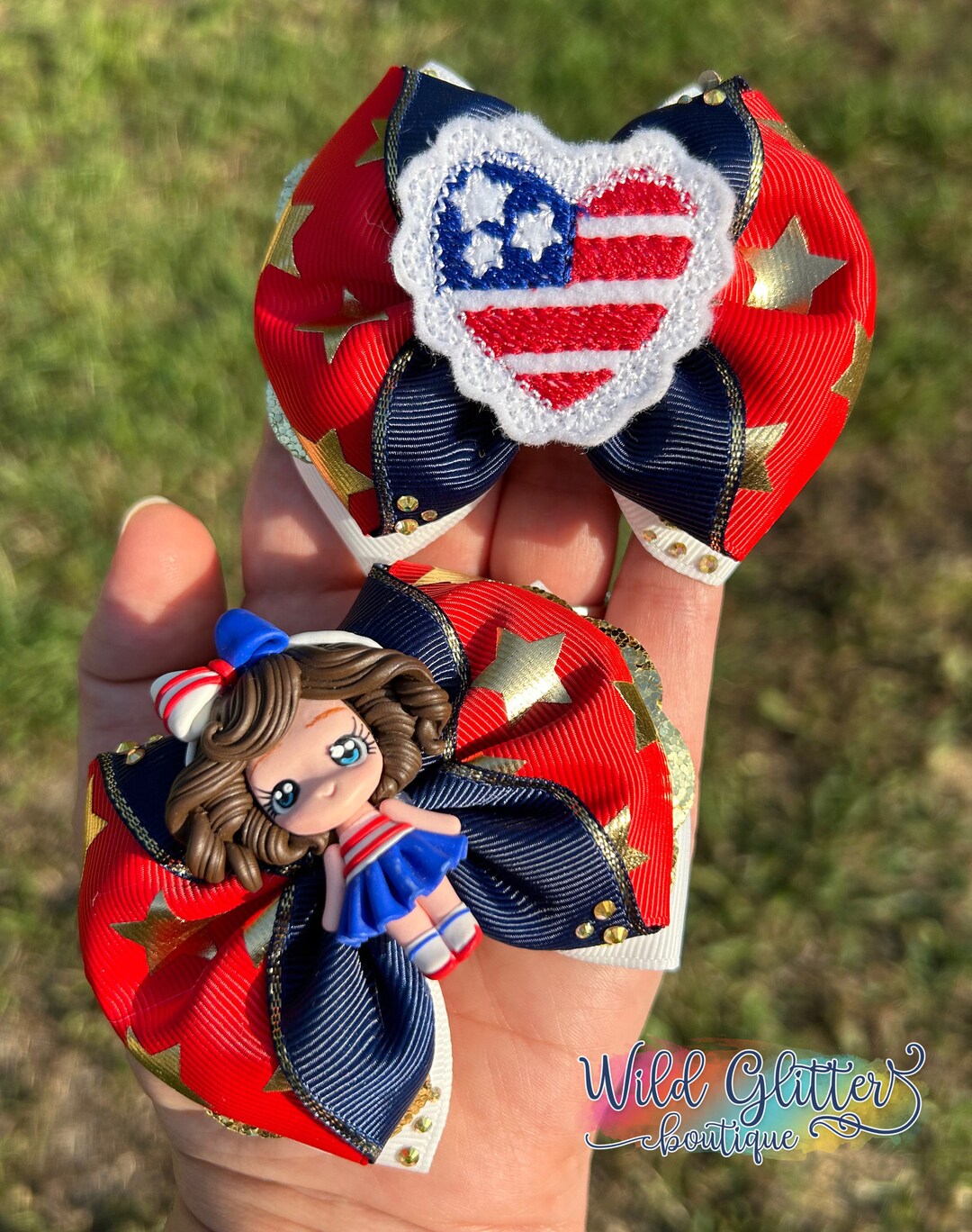4th of July Hair Bows: Patriotic Pigtail Set With Clay Doll - Etsy
