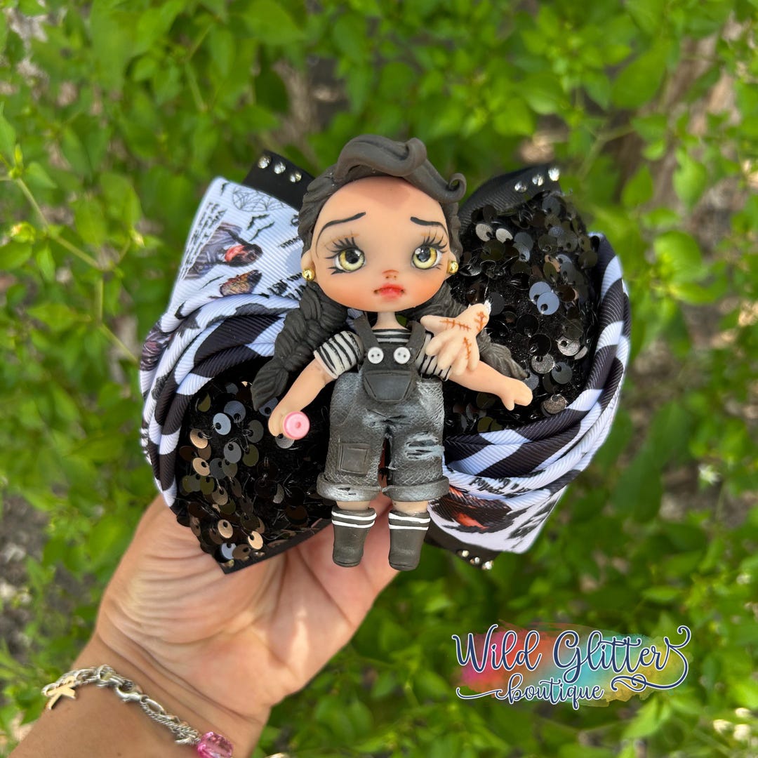 Wednesday Hair Bow: Goth Pigtail Clip With Clay Doll, Halloween Theme ...