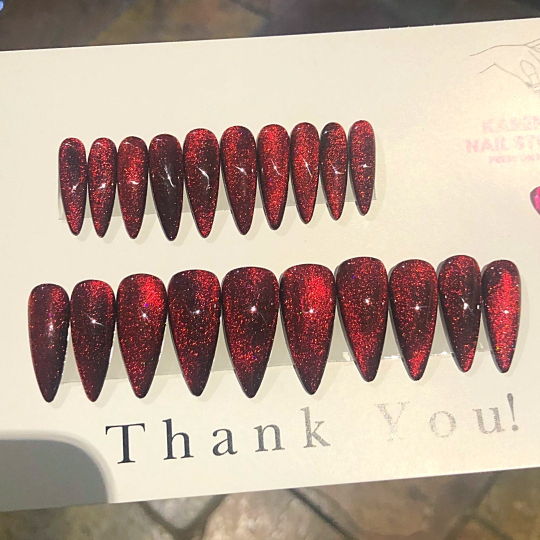 Black & Red Cat Eye Gel Press on Nails Medium Stiletto - Etsy
