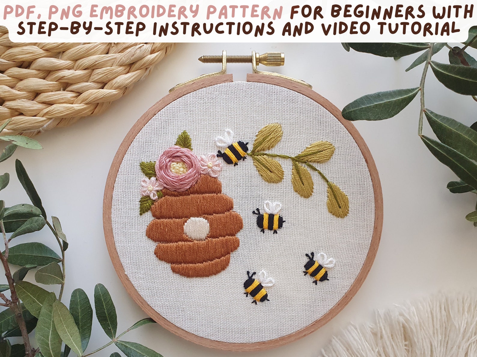 PDF, PNG Bee Hive Embroidery Pattern Step by Step Beginner Instructions With Youtube Tutorial - Etsy