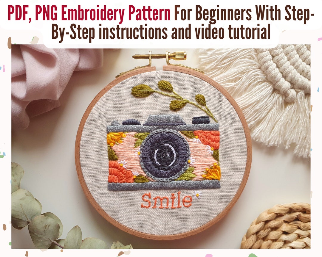 PDF, PNG - Vintage Floral Camera Embroidery Pattern - Step by Step ...