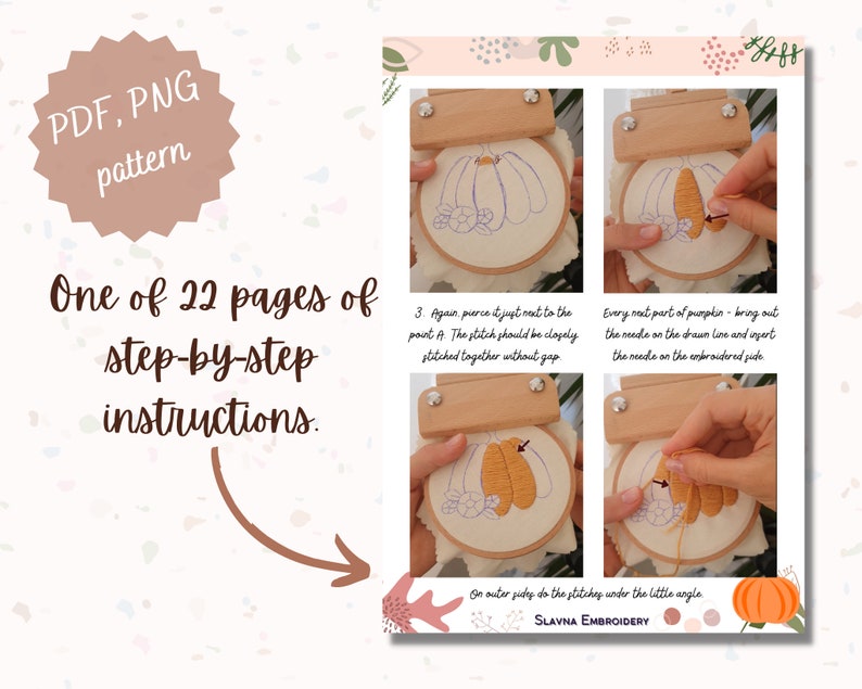 PDF Pattern - Pumpkin With Flowers - Step by Step Beginner Embroidery ...